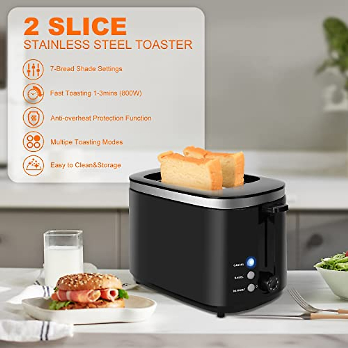 Toaster 2 Slice Best Rated Prime Stainless Steel 2 Slice Toasters Extra Wide Slot Toasters 7 Shade Settings Defrost/Begal/Cancel with Removable Crumb Tray for Bread, Waffles, Small Retro Evenly Quickly Toaster