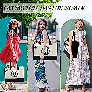 BeeGreen Personalized Gifts for Women Birthday Gifts Tote Bag for Mom Teacher Self Care Gifts Initial Canvas Bag with Pocket 13 OZ Monogram Embroidery Beach Tote Bag for Her Mother Friends Girls M