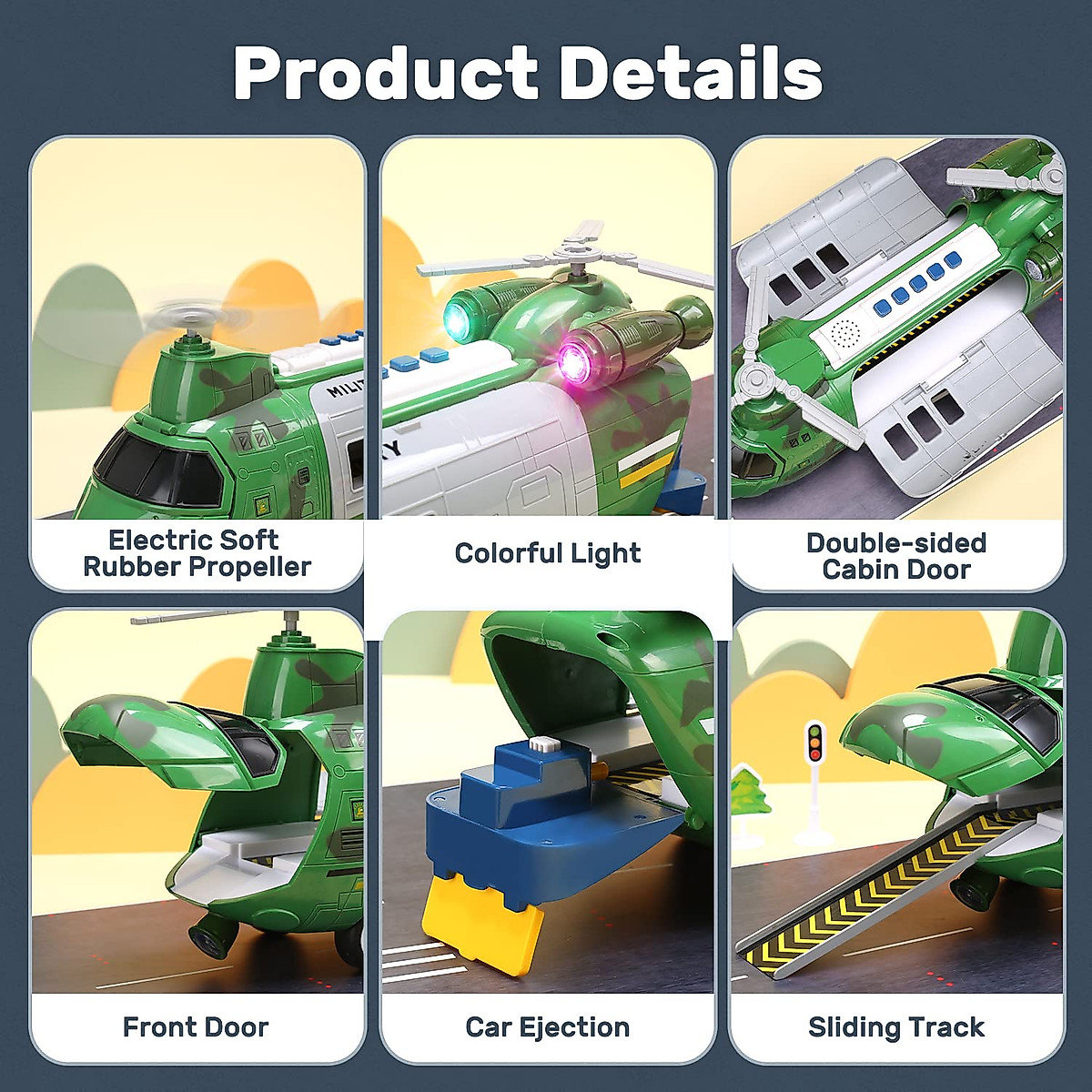 CUTE STONE 2-in-1 Amy Helicopter Toys, Boys Military Toy Friction Powered Helicopter w/Electric Rubber Propeller, Realistic Light & Music, Mini Vehicles, Traffic Road Signs, Vehicle Toy Set for Kids