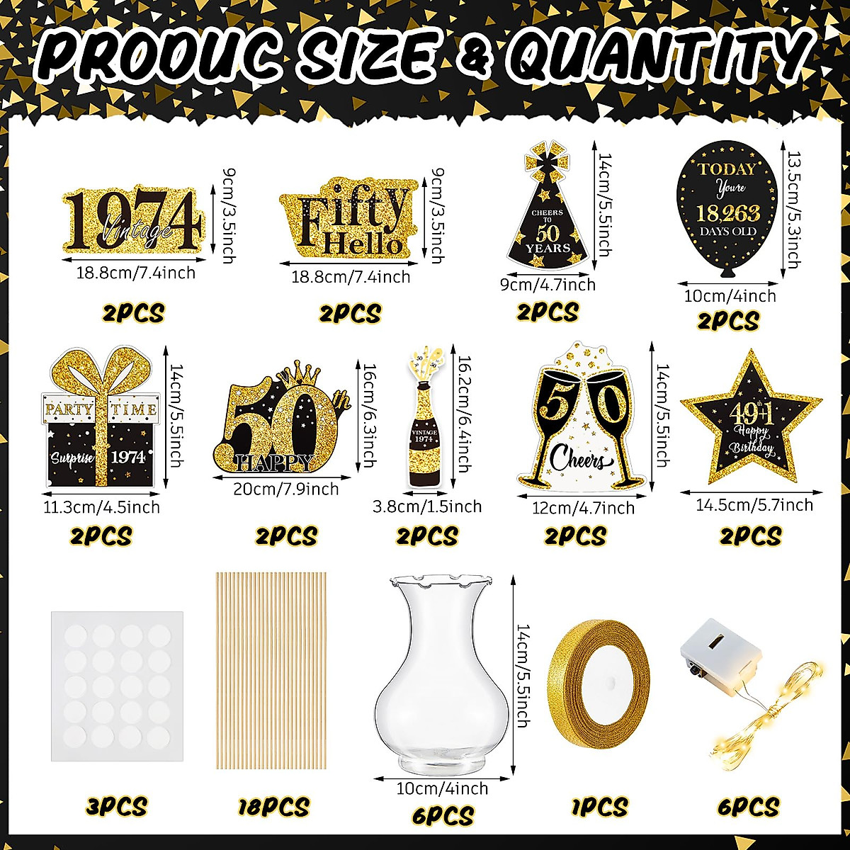 Yeaqee 31 Pcs Sets 50th 60th 70th Birthday Party Decorations Birthday Table Centerpiece Black and Gold Centerpieces for Tables Birthday Sticks Table Toppers with LED Lights Plastic Jar Ribbon(50th)