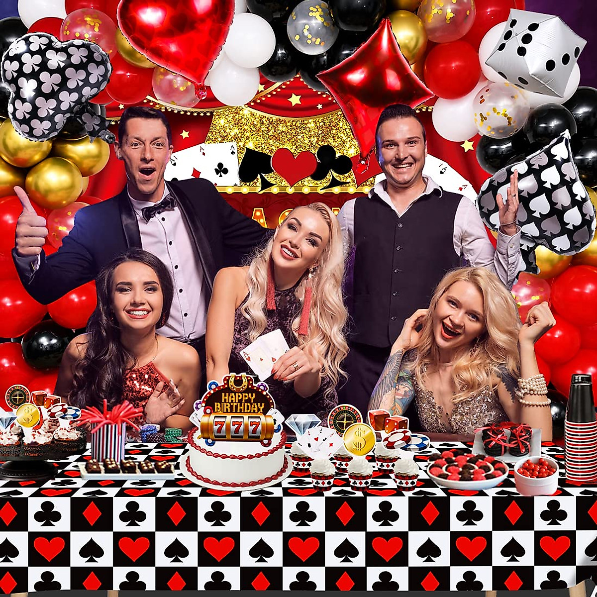 Winrayk 125Pcs Casino Theme Party Decorations Birthday Supplies Casino Red and Black Balloon Garland Poker Tablecloth Casino Backdrop Dice Poker Balloon Casino Games Las Vegas Casino Party Decorations