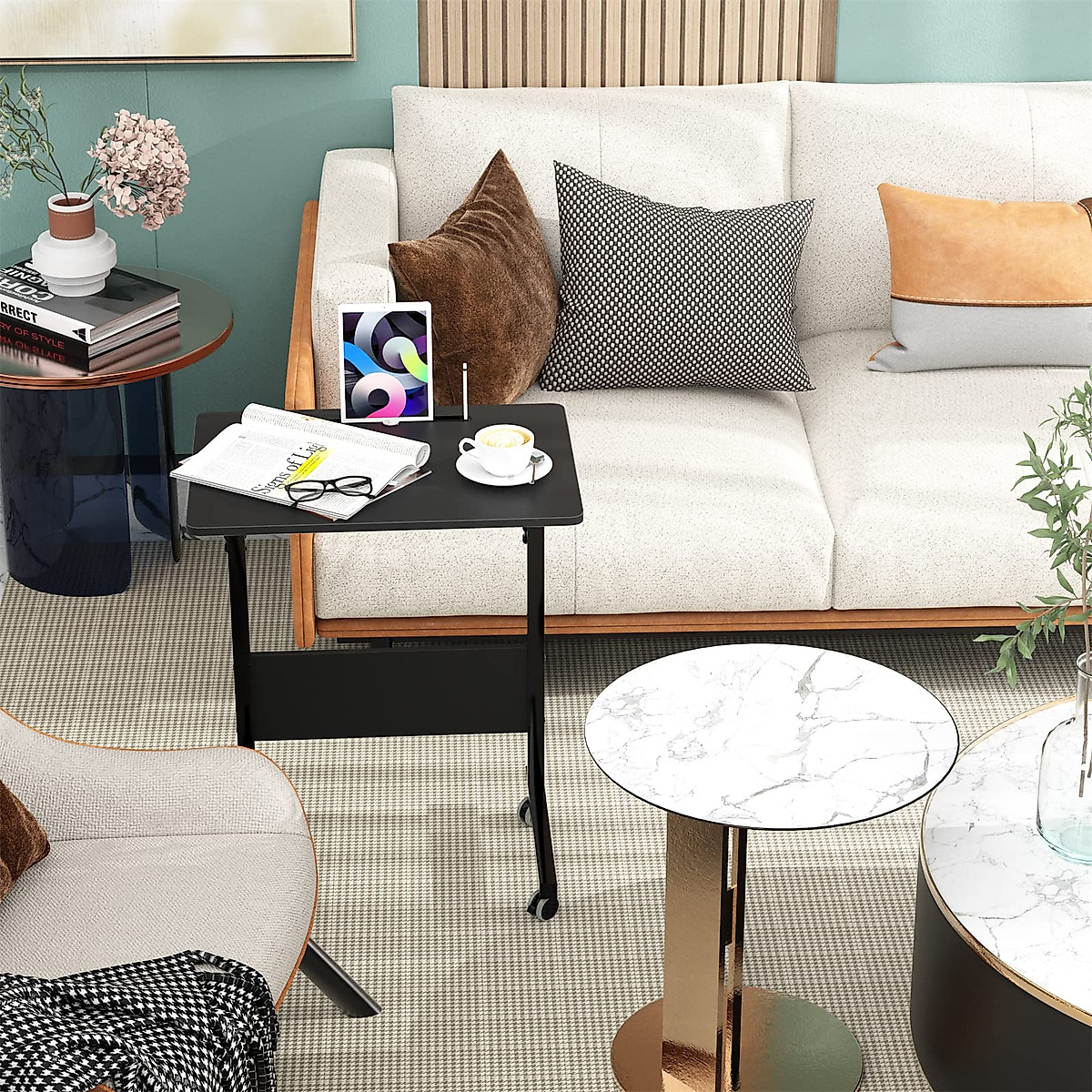 SogesGame Side Table,31.5in/21.6in Adjustable Laptop Stand Portable Cart Tray Bedside Computer Table,Sofa Side Bed Table with Wheels