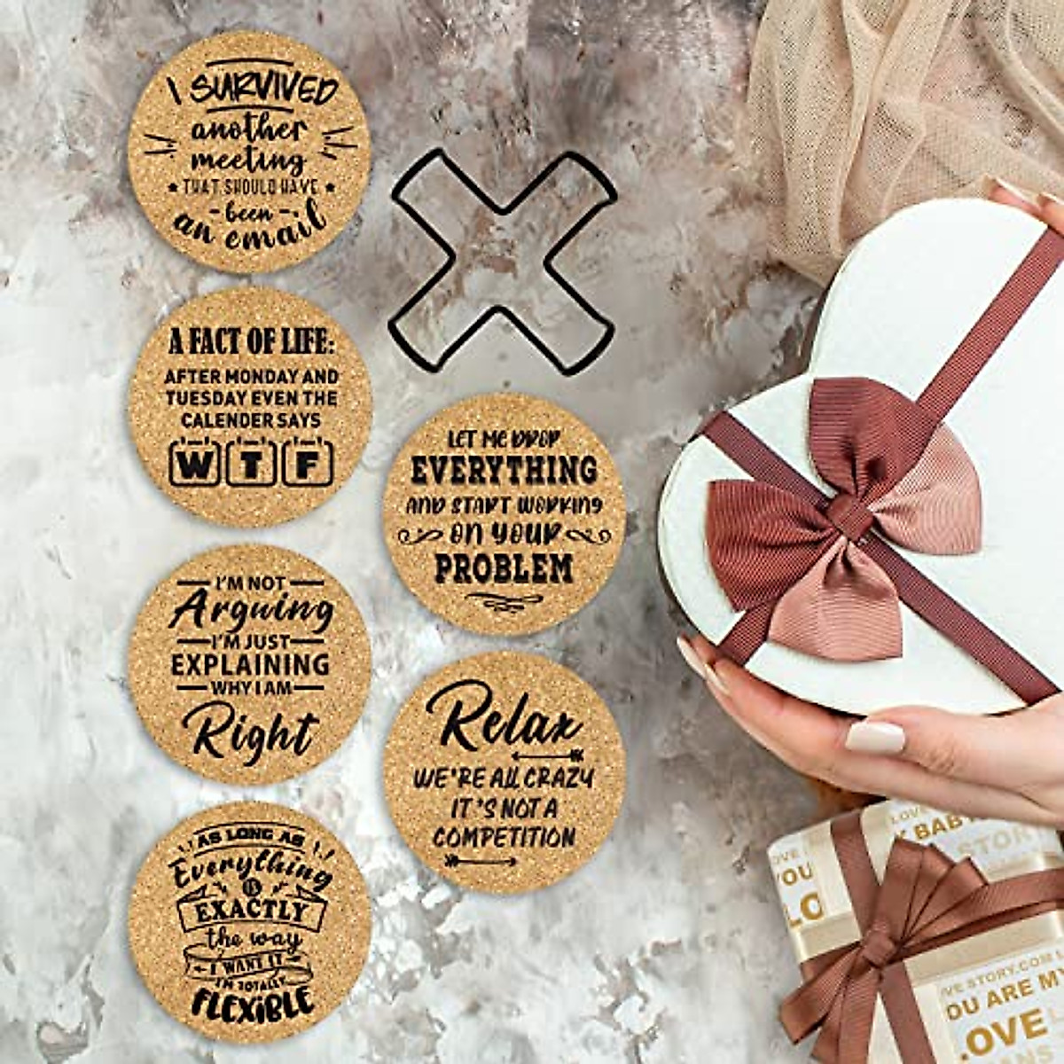 Homythe Office Gifts for Coworkers, Novelty Gifts for New Colleagues Employees Boss, Funny Office Desk Coasters, 6 Pcs Drink Coasters with Metal Holder, Humorous Birthday Gifts for Men Women