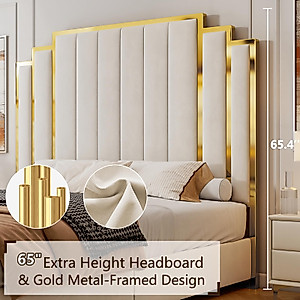 YUMPIE King Size Platform Bed Frame with 65" Extra Tall Headboard, Velvet Upholstered Bed with Golden Plating Trim, Wooden Slats/No Box Spring Needed/Noisy Free/Cream