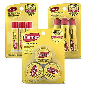 Carmex Medicated Lip Balm Variety Pack, Lip Moisturizer for Dry, Chapped Lips: Carmex Classic Sticks 0.15oz, 3 count, Carmex Classic Tubes 0.35oz, 3 count, Carmex Classic Jars 0.25oz, 3 count