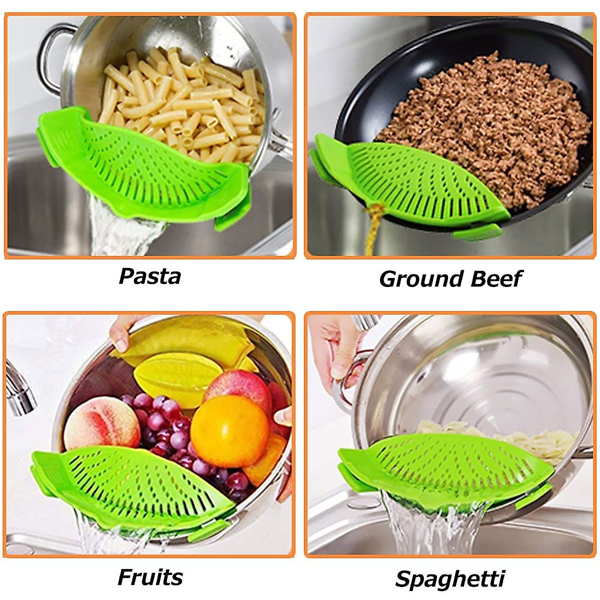 YEVIOR Clip on Strainer for Pots Pan Pasta Strainer, Silicone Food Strainer Hands-Free Pan Strainer, Clip-on Kitchen Food Strainer for Spaghetti, Pasta, Ground Beef Fits All Bowls and Pots (Green)
