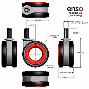 Enso Motion Office Chair Replacement Caster Wheels, 70 Okina Mu Series - Grey (Set of 5)