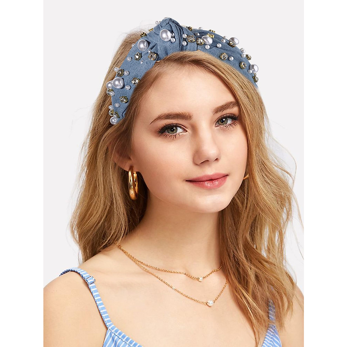 Pearl Knotted Headband for Women White Pearl Rhinestone Crystal Jeweled Embellished Hairband Fashion Elegant Ladies Wide Top Knot Bride Boho Head Band Headpieces Bachelorette Party Hair Accessories