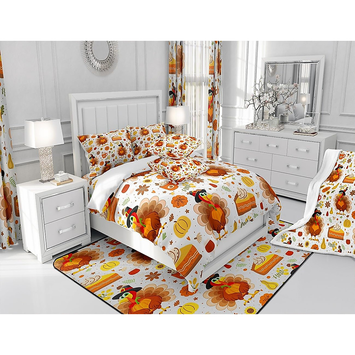 Fall Turkey Fitted Sheet for Girls Boys Kids Twin Size Happy Thanksgiving Autumn Harvest Bedding Set Room Decorative Maple Leaves Cake Bed Sheet Set Farmhouse Bed Cover Deep Pocket Bed Set