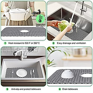 sink protectors for kitchen sink,Kitchen Sink Mats with Center Hole, Food Grade Silicone, 1 Non-Slip Heat Resistant Foldable Sink Fitting for Stainless Steel or Ceramic Sink Bottom (Grey 24.8"*13")
