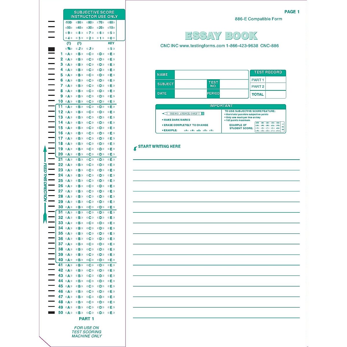 TEST-886E 886-E 100 Question Compatible Testing Forms (50 Sheet Pack)
