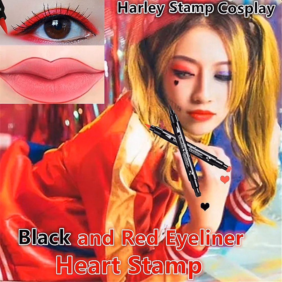 Go Ho 2 PCS Waterproof Liquid Eyeliner Stamps,Double-side Black&Red Smudge-proof Eye Liner,Heart Stamp Eyeliner for Harley Costume Makeup,Long-lasting Love Tattoo Tools for Valentines Day