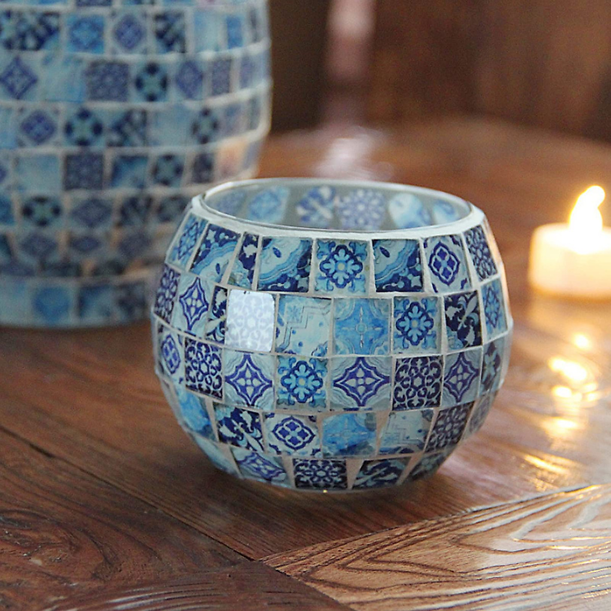 Blue and White Mosaic Candleholder, Glass Votive Candle Holders Round Bowl Tealight Holders Potted Plant Bowl Vase Candlestick Holder Table Centerpieces