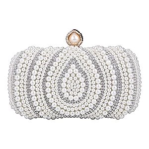 UONIFANS Womens Evening Bags Artificial Pearl Clutch Purse Shiny Rhinestones Handbag for Wedding Party Prom Women Bag (White)