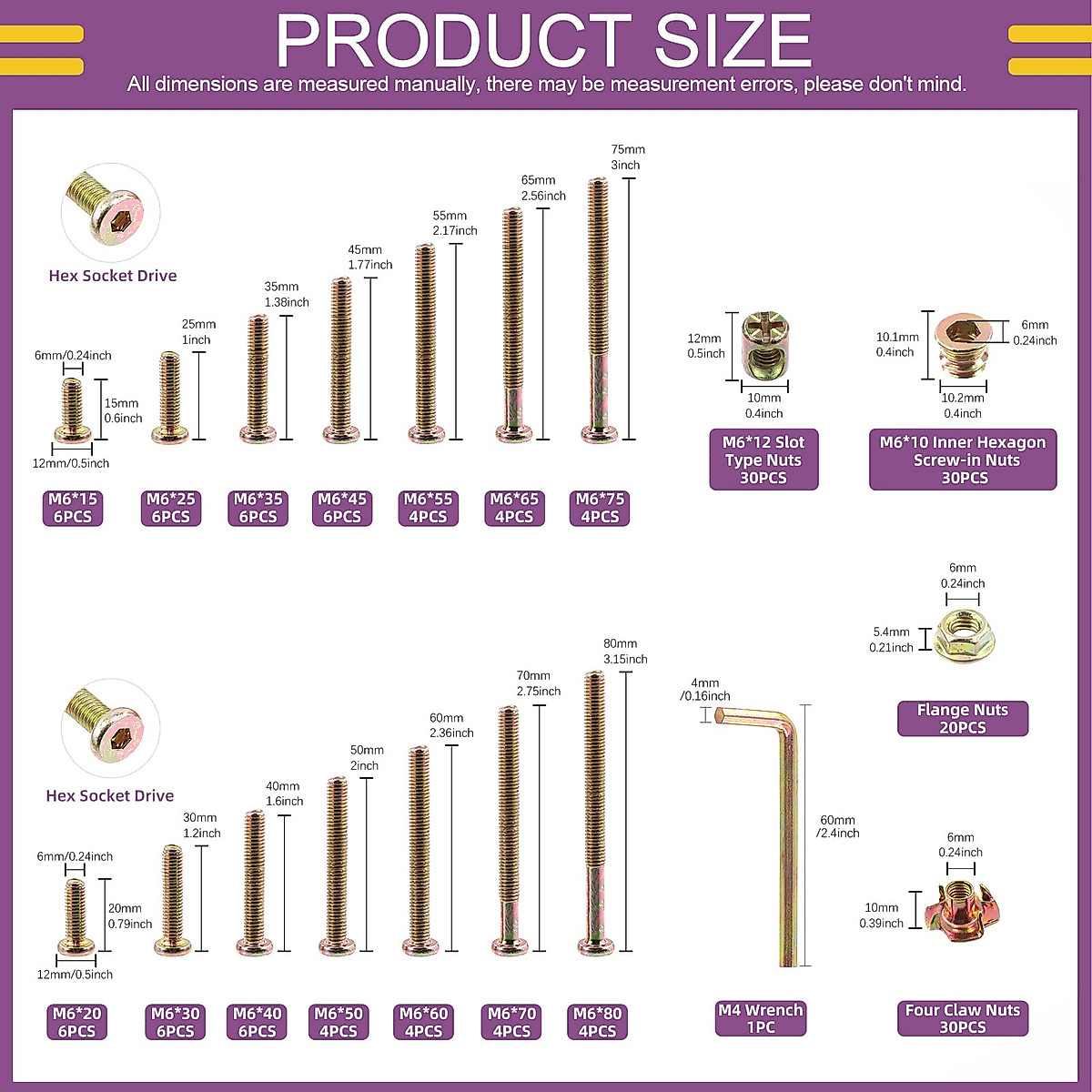Swpeet 181Pcs M6 x 15mm - 80mm Color Zinc Flat Head Hex Socket Cap Baby Crib Bed Bolts Nuts Screws and Threaded Insert Nuts with Flange Nuts and 4 Pronged Tee T Nuts Assortment Kit with Allen Wrench