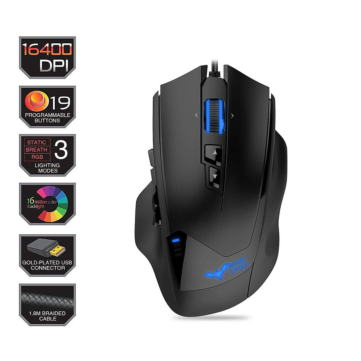 Gamerz GMZ-M2 12000 DPI 19 Programmable Buttons Optical Sensor Pixar PMW 3360 MMO Gaming Mouse - Black