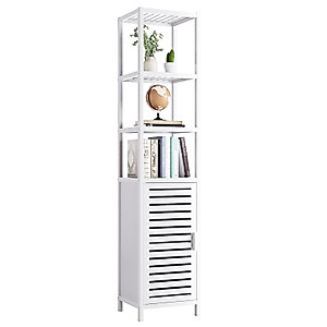 HITNET Bathroom Tall Cabinet, Floor Standing Bamboo Storage Cabinet with 6 Shelves and Shutter Door for Kitchen Living Room, White