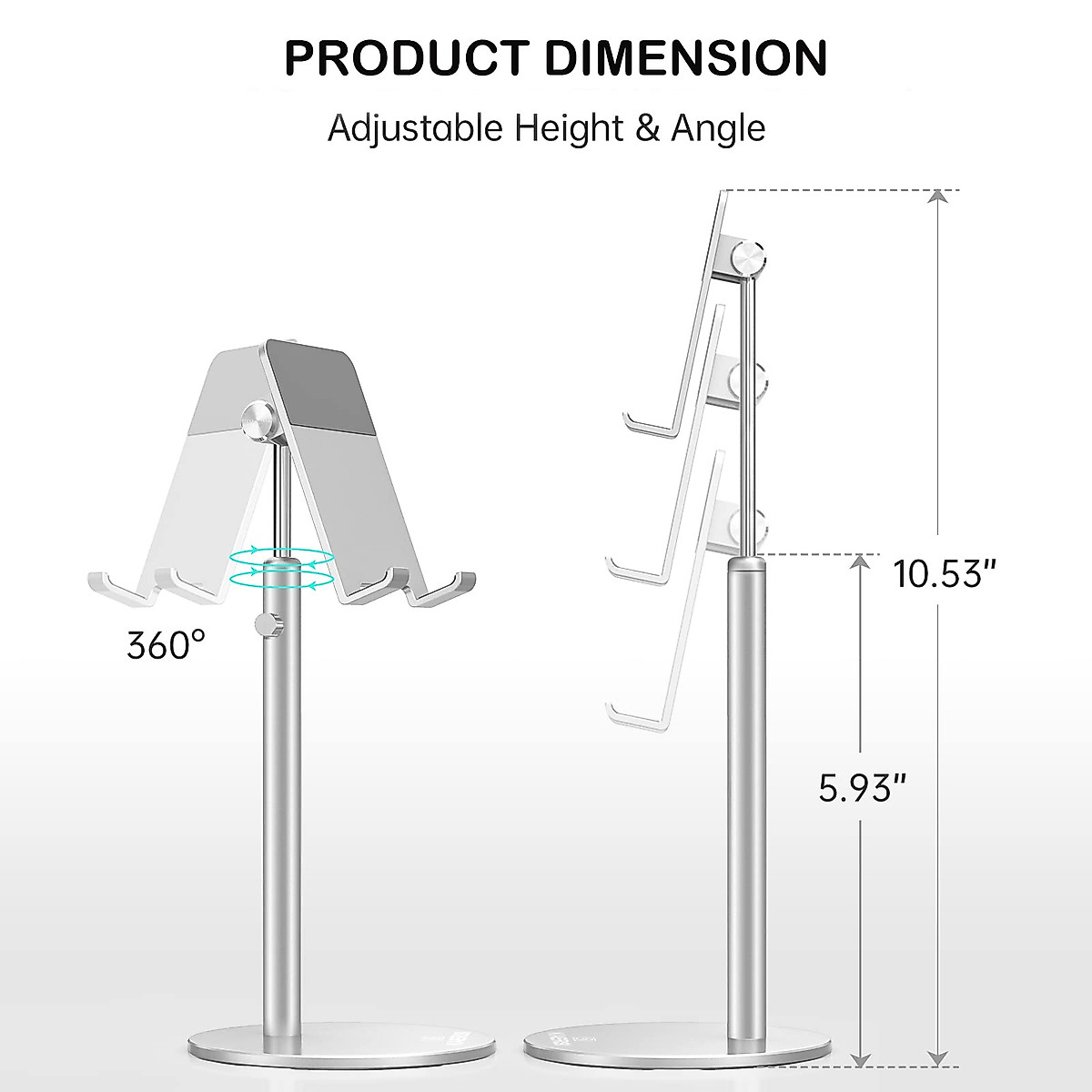 KAERSI Tablet Stand for Desk, Tablet Stand Phone Holder Adjustable Height Compatible with iPhone Pro 11, 9.7, 10.5 Air Mini 4 3 2, Kindle, E-Reader, All Phones (4-12'') - Silver