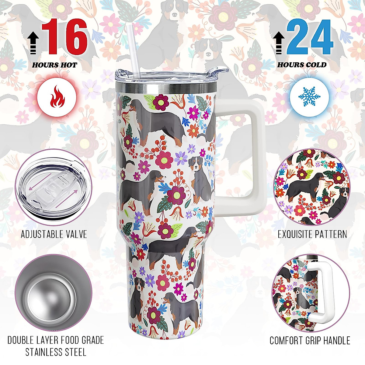 puhnhsv 40 oz Bernese Mountain Dog Tumbler with Handle, Insulated Cup Bernese Mountain Lovers Gifts