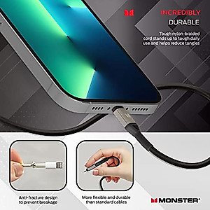 Monster Nylon-Braided 6 or 10 Ft iPhone Charging Cable, Lightning to USB-A (Works w/iPhone SE/11/11 Pro/11 Pro Max/XS/XS Max/XR/X/8/8 Plus/7/7 Plus/6/6 Plus, iPad, iPad Pro, AirPods) (6 Ft, Black)