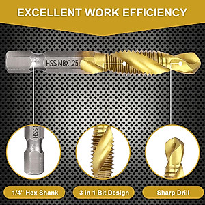 Valkynos Drill Tap Set with Quick-Change Adapter of 13Pcs, 6 SAE Sizes: 6-32NC to 1/4-20NC, 6 Metric Sizes: M3 to M10, Titanium Combination Drill & Tap Bit Set for Drilling Threads, Tapping