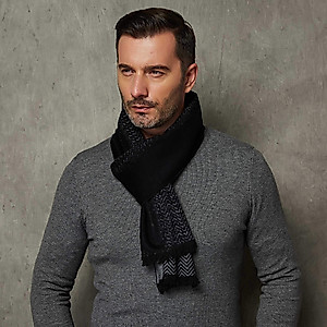 CUDDLE DREAMS Men's Silk Scarves, 100% Mulberry Silk Brushed, Luxuriously Soft (Black Gray Herringbone)