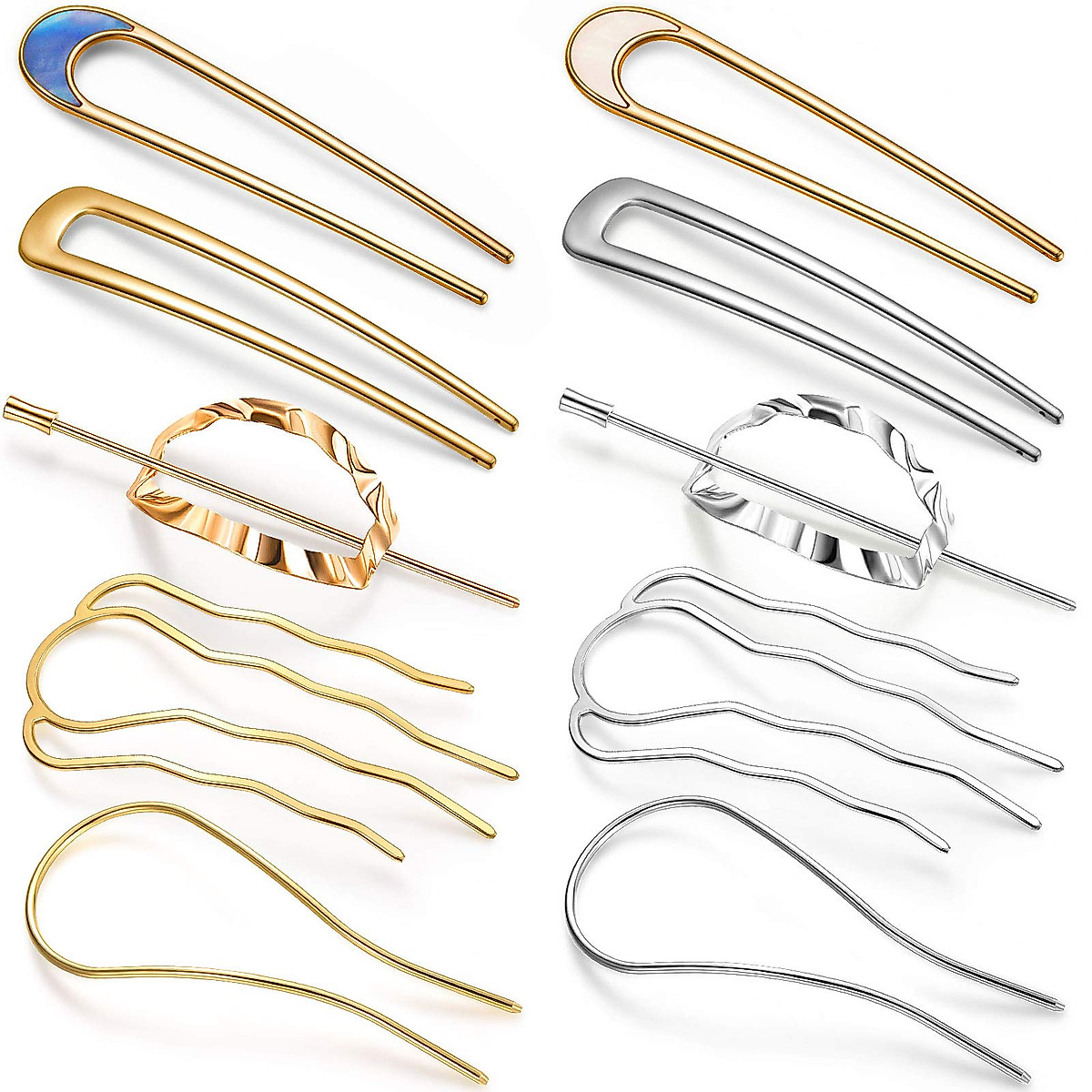 10 Pieces Metal U-Shape Oval Side Comb Hairpin Hair Fork Clip Stick Hair Bun Updo Sticks Gold Silver Chignon Pin Grips for Women Styling Tool Accessories
