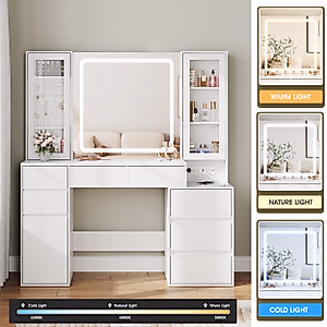 Makeup Vanity Desk with Mirror and Lights, White Makeup Vanity Table with 7 Drawers and 3 Cabinets, Makeup Desk with Charging Station, Dressing Table for Bedroom