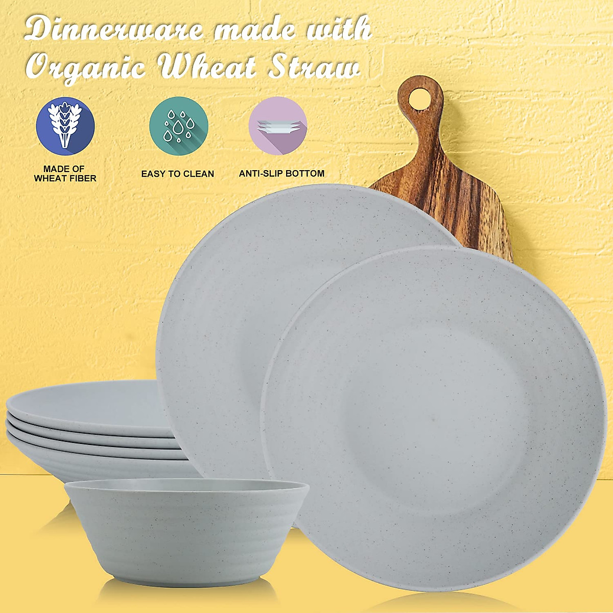 Wrova Wheat Straw Dinnerware Sets - 8 set Unbreakable Microwave Safe Dishes - Reusable Wheat Straw Plates and Bowls Sets for Kitchen - Kid’s Wheat Straw Bowls and Plate for Cereal, Soup (Light Grey)