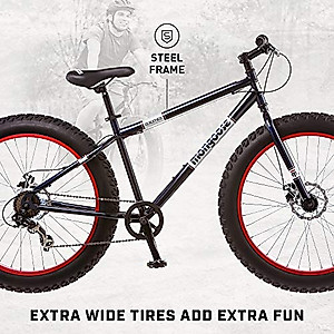 Mongoose Dolomite Mens and Womens Fat Tire Mountain Bike, 26-inch Wheels, 4-Inch Wide Knobby Tires, 7-Speed, Adult Steel Frame, Front and Rear Brakes, Navy Blue