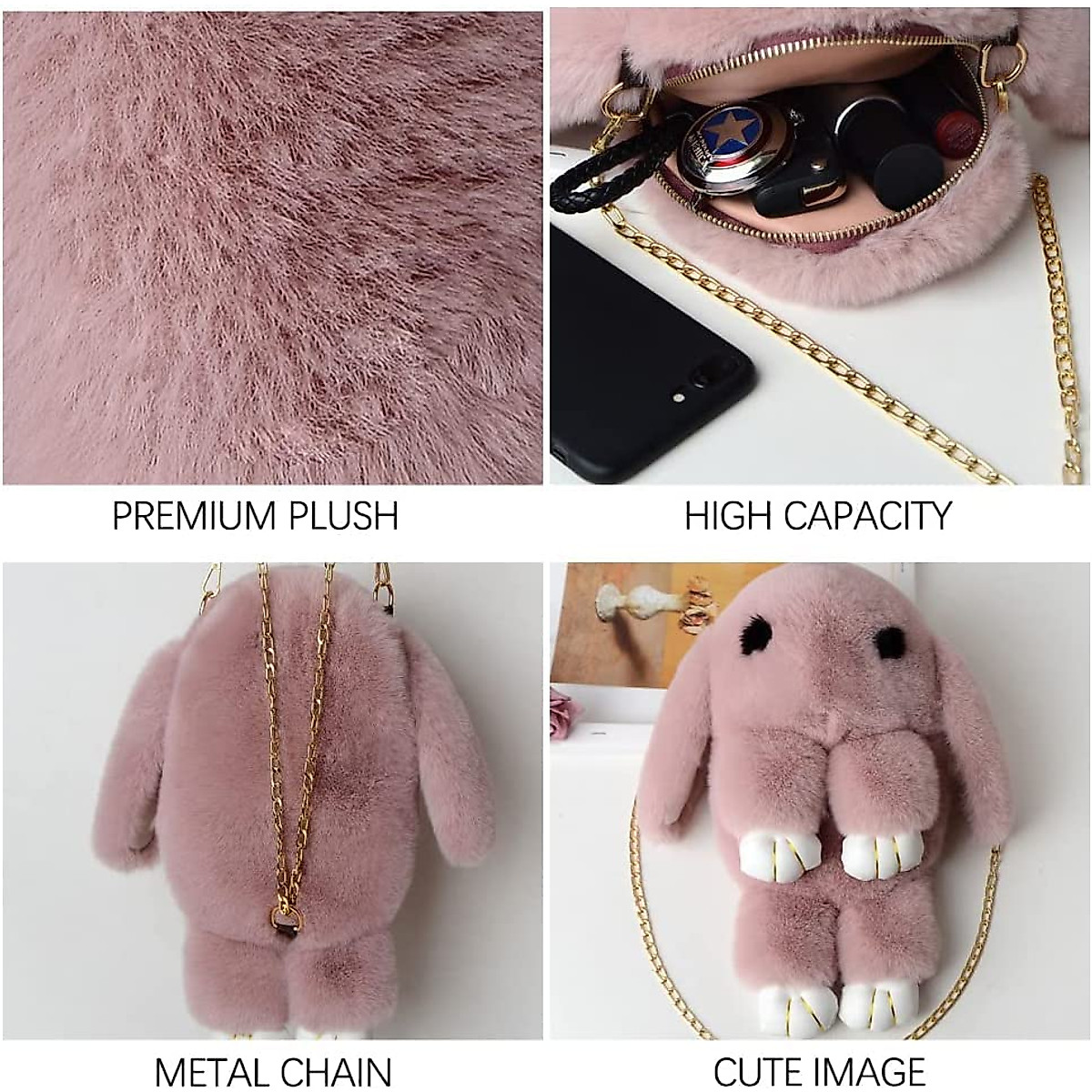 YUNPLAN Faux Rabbit Fur Crossbody Shoulder Bag, Stuffed Animal Backpack for School Girls, Cute Cartoon Bag Cosplay Shoulder Bag