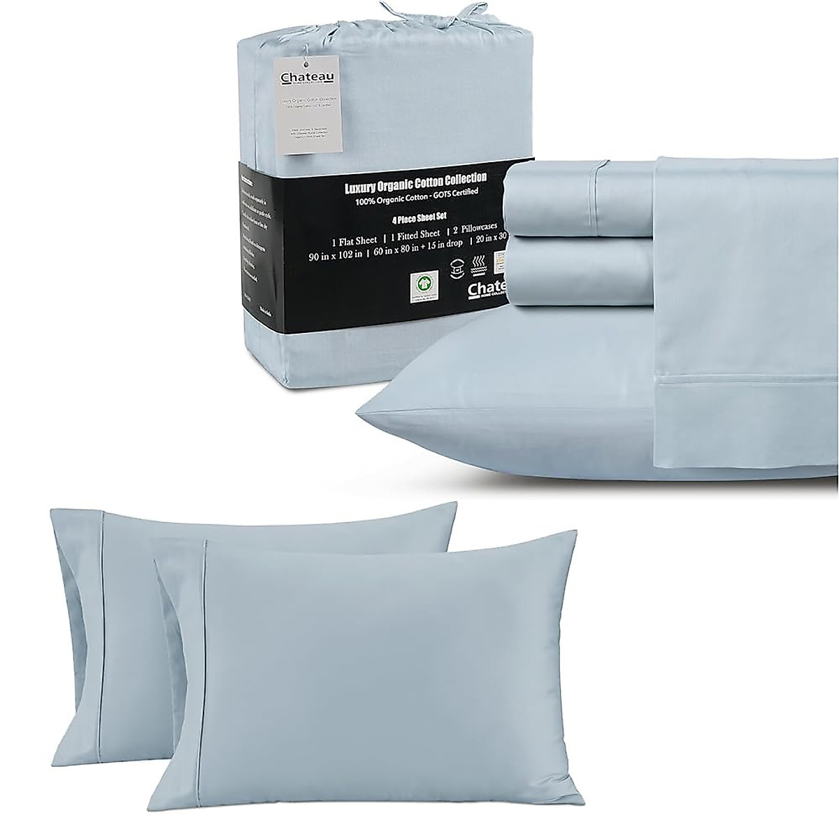 100% Organic Cotton Twin Sheet Set & Standard Pillowcases Set of 2 Combo- 300 Thread Count Long Staple Cotton Sheets,3 Pc Twin Size Sheets & Standard Pillowcases, Sateen Sheets, Breathable - Light Blu