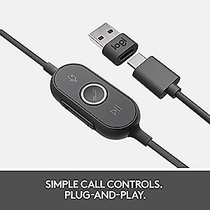 Logitech Zone 750 Wired On-Ear Headset with Advanced Noise-canceling Microphone, Simple USB-C and Included USB-A Adapter, Plug-and-Play Compatibility for All Devices