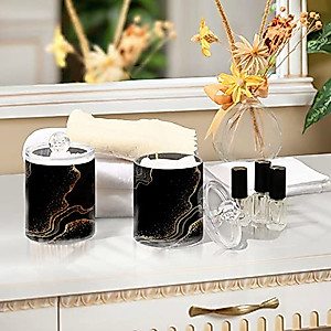 ALAZA Black White Golden Marble 2 Pack Qtip Holder Dispenser with Lid 14 Oz Clear Plastic Apothecary Jar Containers Jars Bathroom for Cotton Swab, Ball, Pads, Floss, Vanity Makeup Organizer