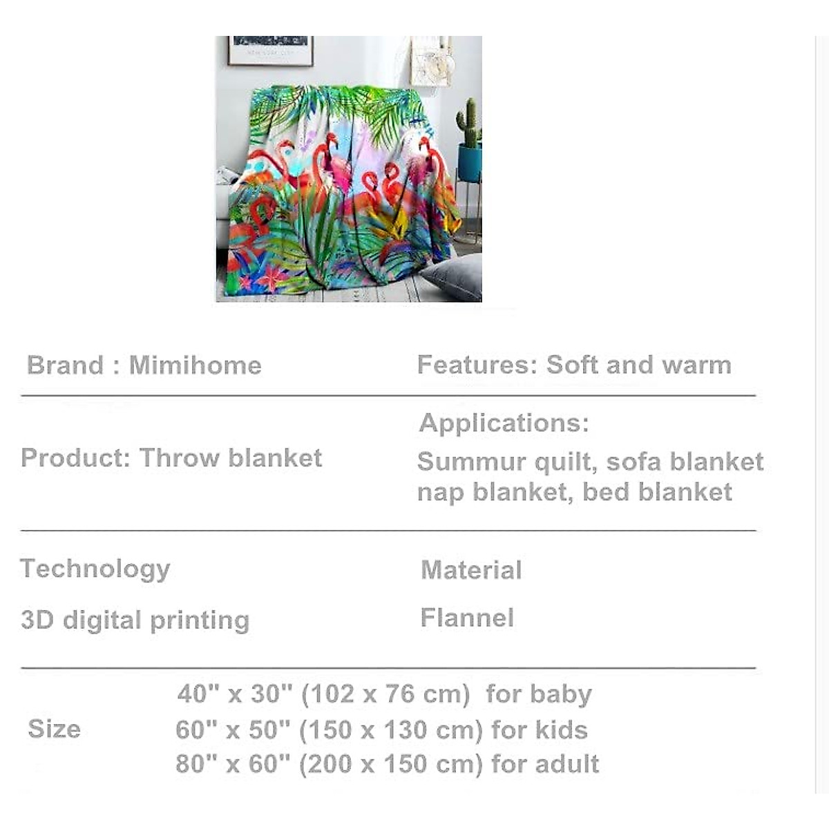 Mimihome Flamingo Blanket,Tropical Leaves Flamingos Throw Blanket Warm Fleece Blanket for Sofa Couch Bed Chair,60x50 Inches, Pink Green White