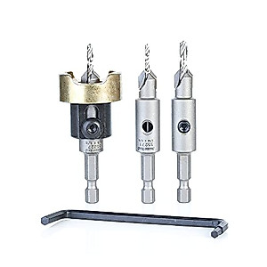 Amana Tool AMS-627 3-Pc Carbide Tipped Countersink with Adjustable Depth Stop and No-Thrust No Marring Ball Bearing with Replacement Countersinks Quick Release Shank Set