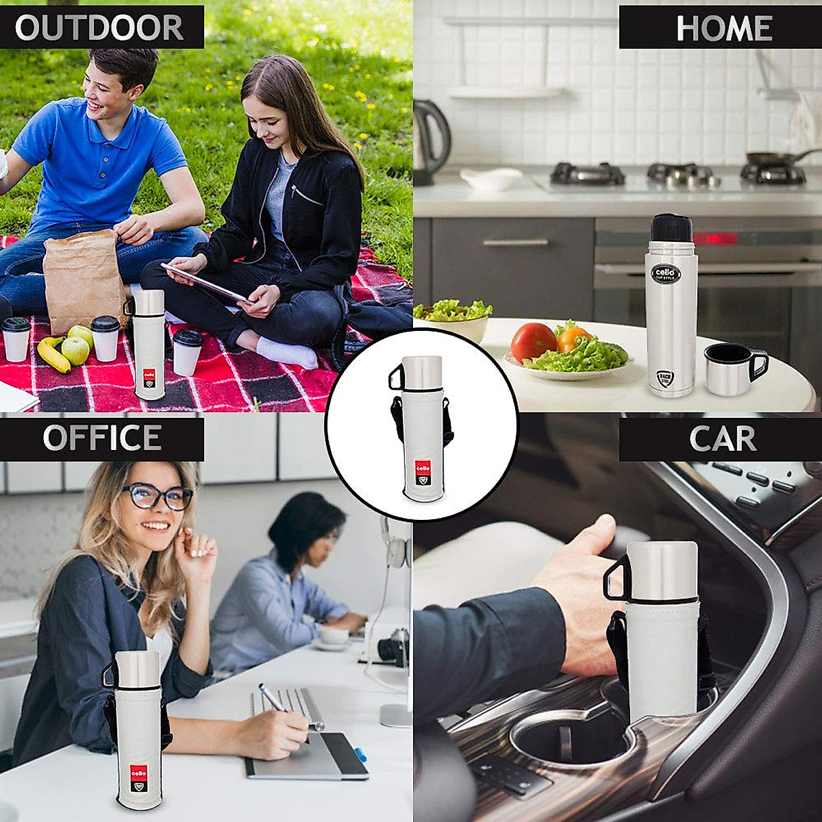 Cello Cup Style Stainless Steel Flask, Silver (Silver, 1 LTR)