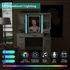 Hiwelldas Vanity Desk with Mirror and Lights, 43.3'' Large Makeup Vanity with RGB Ambient Light & Power Outlet, Dressing Table with 7 Drawers, 3 Cabinets, 6 Hooks,1 Dryer Rack,White