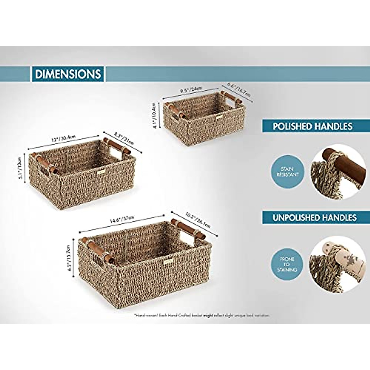 ADO Basics Wicker Basket with Stain Resistant Wooden Handles, Seagrass Wicker Baskets for organizing 14.6"x10.3"x6.2" and 12"x8.3"x5.1" and 9.5"x6.6"x4.1", Set of 3