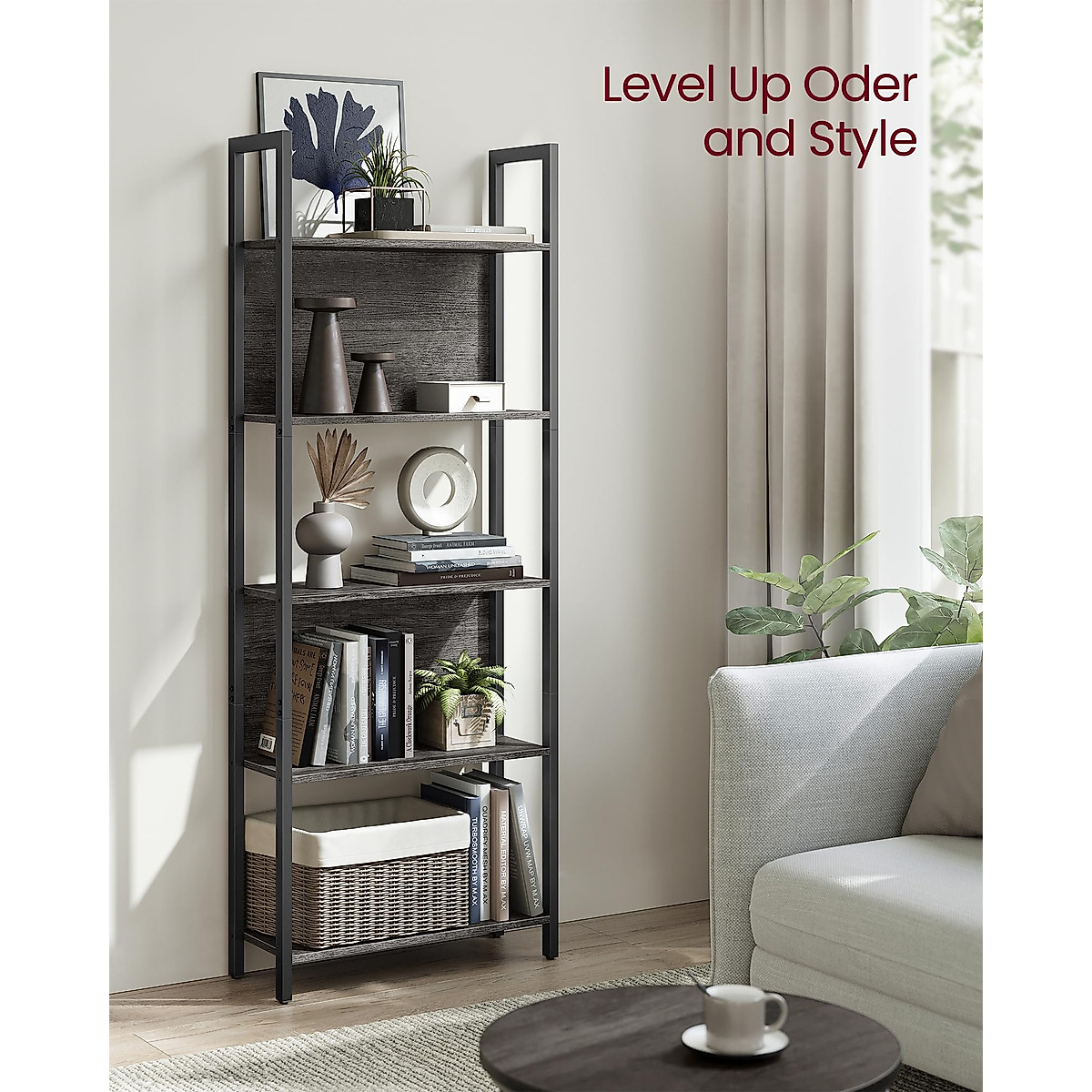 VASAGLE 5-Tier Bookshelf, Book Shelf, Industrial Bookcase, with Steel Frame, for Living Room, Home Office, Bedroom, 9.4 x 24.4 x 65 Inches, Charcoal Gray and Black ULLS025B04