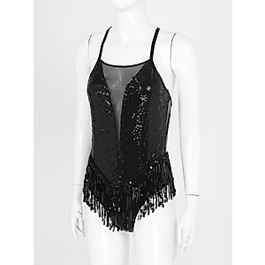WinChang Womens Mesh Splice Sequin Leotard with Fringe for Latin Dance Gymnastics Bodysuit Black A Small