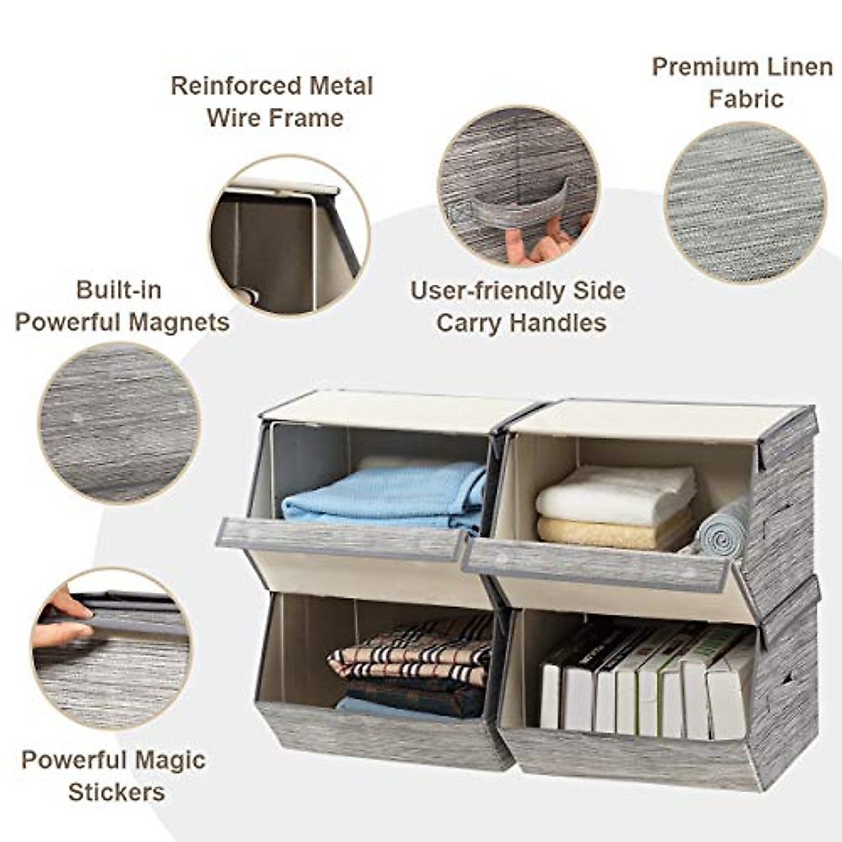 Giantex Storage Bins Set of 4 Stackable Cubes Fabric Baskets w/Lid, Side Handles, Magnetic Linen Container Boxes for Toys, Clothes, Files Foldable Closet Organize Bags 15”x14”x10” (Gray)