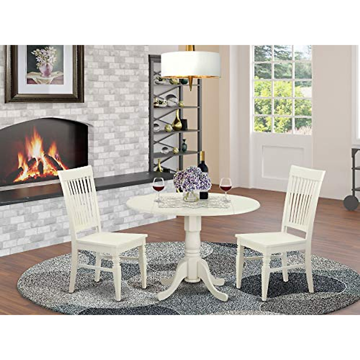East West Furniture Dublin 3 Piece Dinette Set for Small Spaces Contains a Round Table with Dropleaf and 2 Dining Room Chairs, 42x42 Inch, Linen White