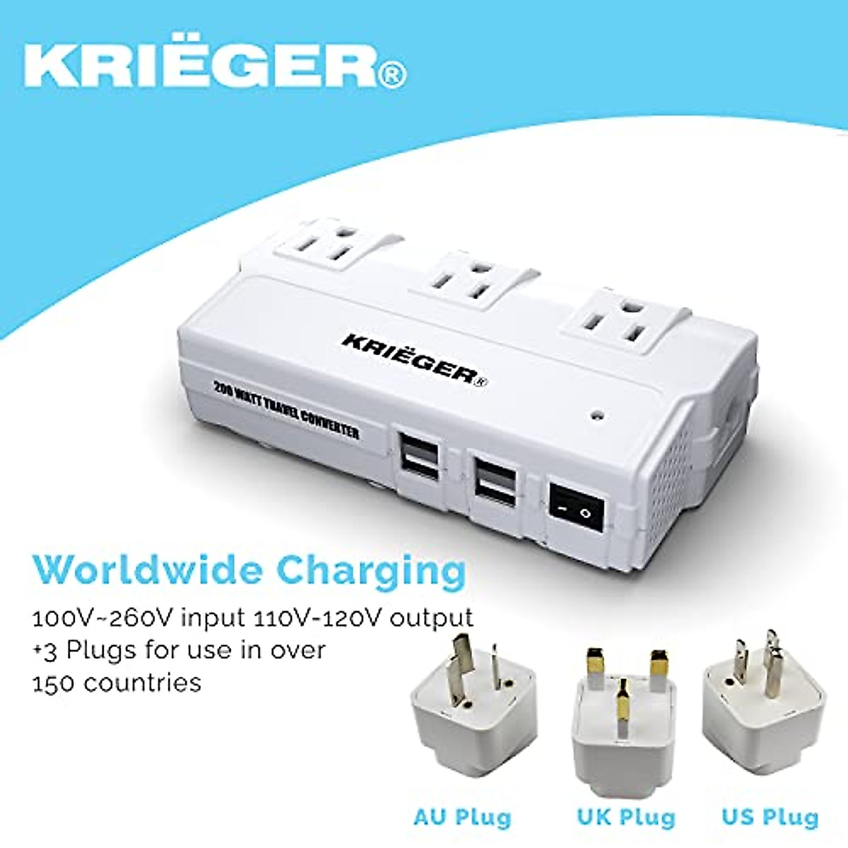 K KRIËGER Universal Travel Adapter, Step Down Transformer 200 Watt Capacity, International Power Adaptor w/ 4 USB Ports 6A Total Charging, 3 AC Outlets for USA EU UK AUS Worldwide Plug Adapter