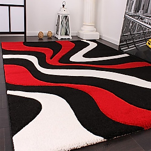 Red Black White Area Rug with Contour Cut and Modern Wave Pattern, Size: 6'7" x 9'6"