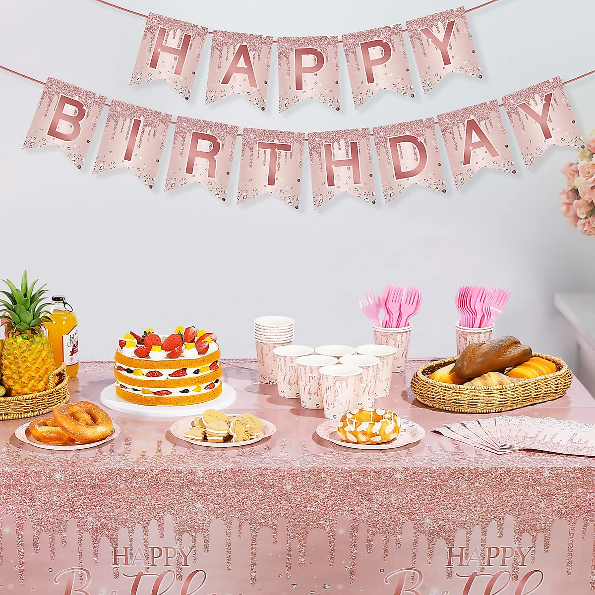 Roshtia 171 Pcs Pink Rose Gold Birthday Party Supplies Pink Birthday Tableware Set Rose Gold Party Plates and Napkin Tablecloths with Banner and Forks Knives Spoons Serve 24 Guest