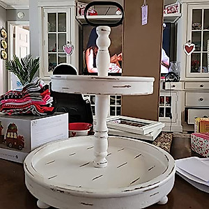 MAONAME Distressed White Tiered Tray, Wooden 2 Tier Tray with Metal Handle, 14.5" x 14.5" x 18", Farmhouse 2 Tier Tray Decor, Rustic Two Tiered Tray for Seasonal Decorations