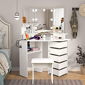 VOWNER Vanity with Lights - Makeup Vanity Desk with Power Outlet, 3 Color Lighting Options Brightness Adjustable, Vanity Table with 5 Rotating Drawers, Shelves and Stool for Bedroom, White