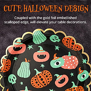 Confettiville Halloween Paper Plates, 50-Count Disposable Halloween Dinner Plates, Scalloped, Party Supplies, Funky Pumpkins, Black