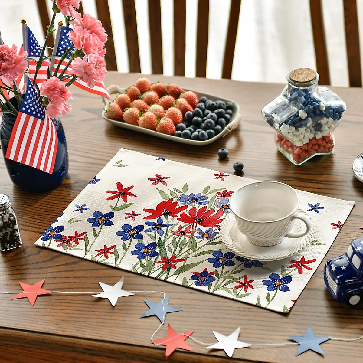 Artoid Mode Poppy Flowers Leaves 4th of July Placemats Set of 8, 12x18 Inch Featival Holiday Table Mats for Party Kitchen Dining Decoration
